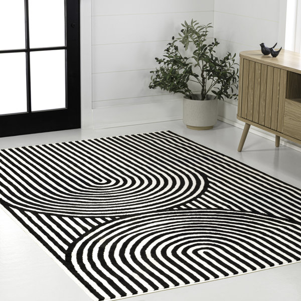 George Oliver Sofia MidCentury Modern Arch Stripe Two-Tone High-Low Black/White Rug | Wayfair